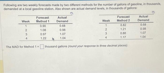 the MAD for method 1= ?the MAD for method 2= ?fill in | Chegg.com
