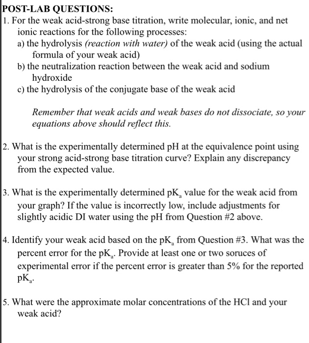 POST-LAB QUESTIONS: 1. For the weak acid-strong base | Chegg.com