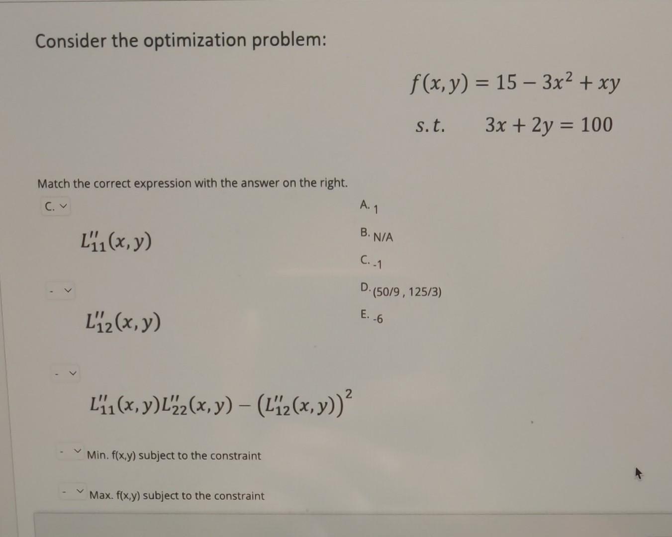 Solved Consider the optimization problem: f(x,y)=15−3x2+xy | Chegg.com