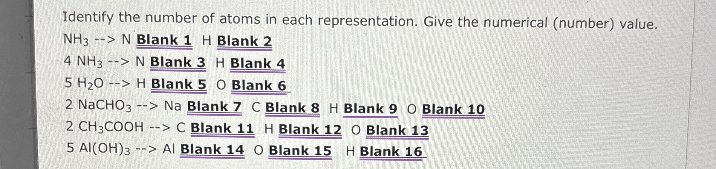 Solved Identify the number of atoms in each representation. | Chegg.com