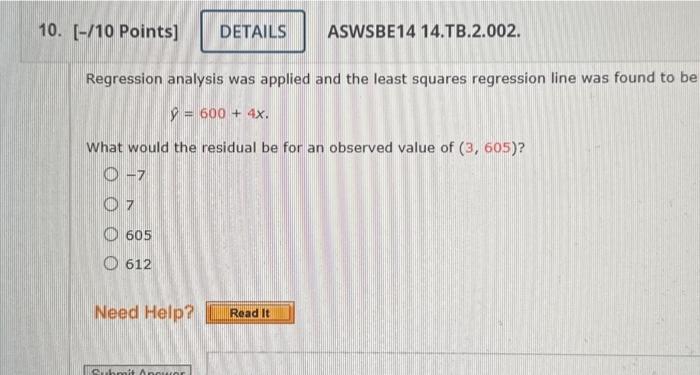 Solved Regression analysis was applied and the least squares | Chegg.com