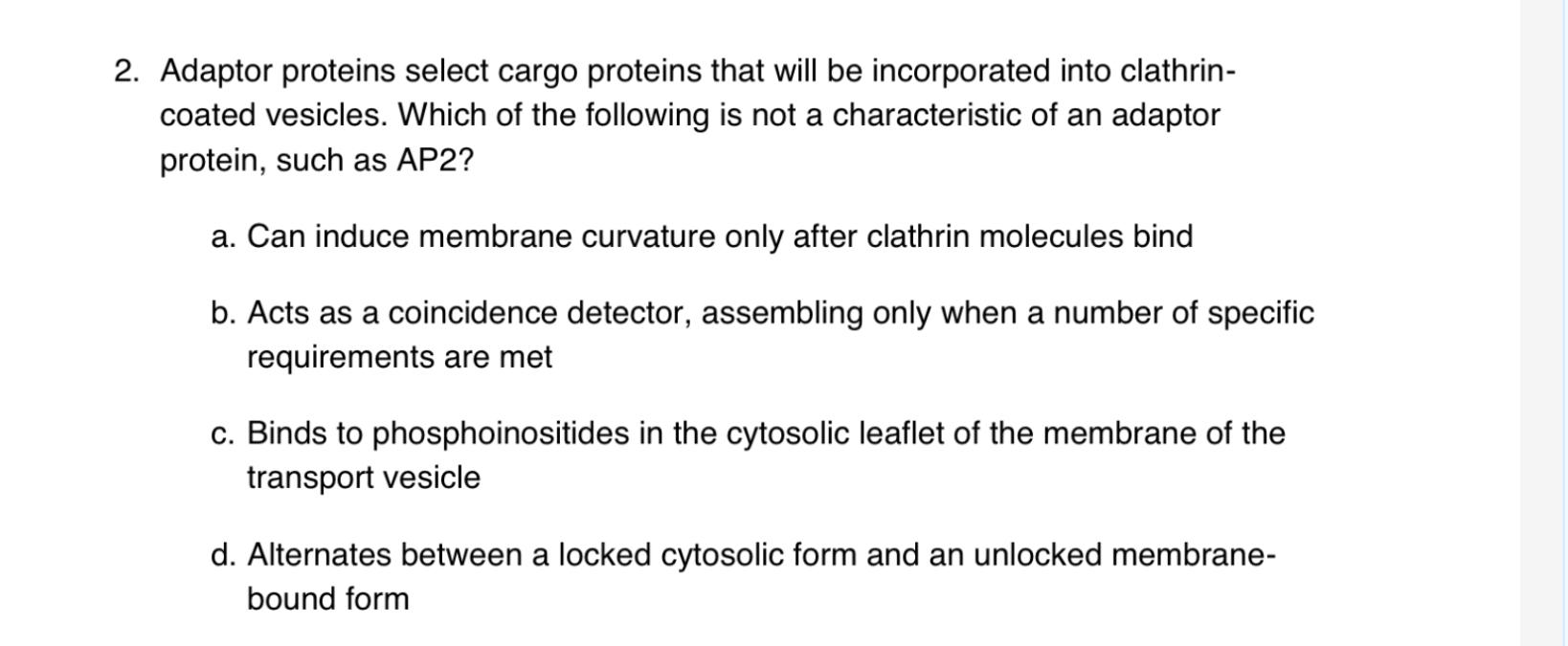 Solved Adaptor proteins select cargo proteins that will be | Chegg.com