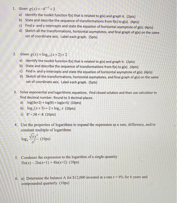Solved 1. Given g(x)=-4*-* +3 a) Identify the toolkit | Chegg.com