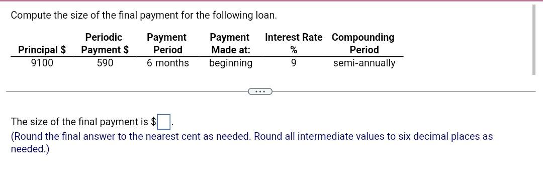 Solved Compute the size of the final payment for the | Chegg.com