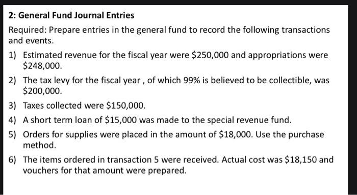 Solved 2: General Fund Journal Entries Required: Prepare | Chegg.com