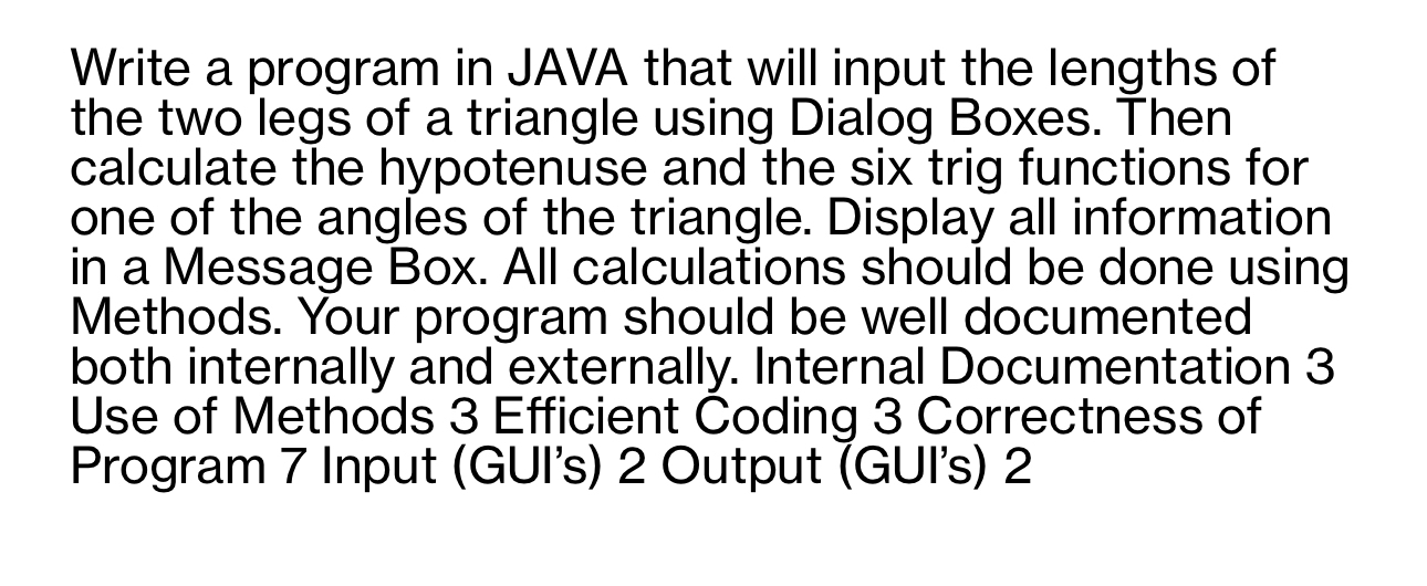 Solved Write a program in JAVA that will input the lengths | Chegg.com