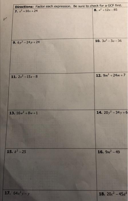 Solved 10. 3e2−3a−36 9. 6n2−24n+24 12. 9m2+24m+7 11. | Chegg.com
