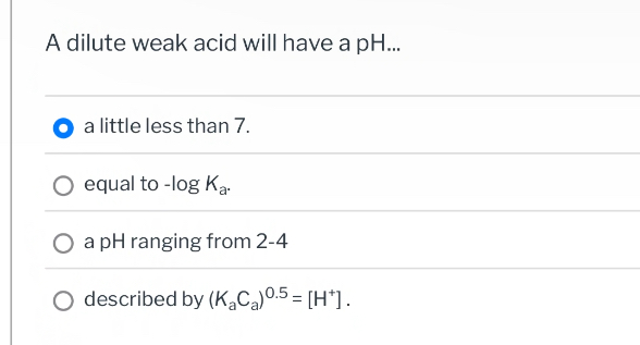 Solved A dilute weak acid will have a pH ...a little less | Chegg.com