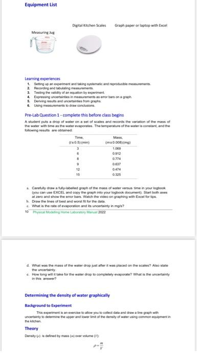 Equipment List Digital Kitchen Scales Graph paper or | Chegg.com