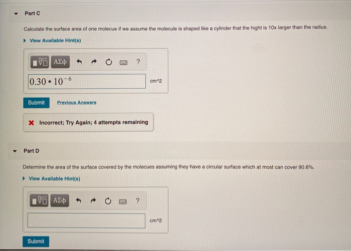 Part C Calculate the surface area of one molecue if | Chegg.com