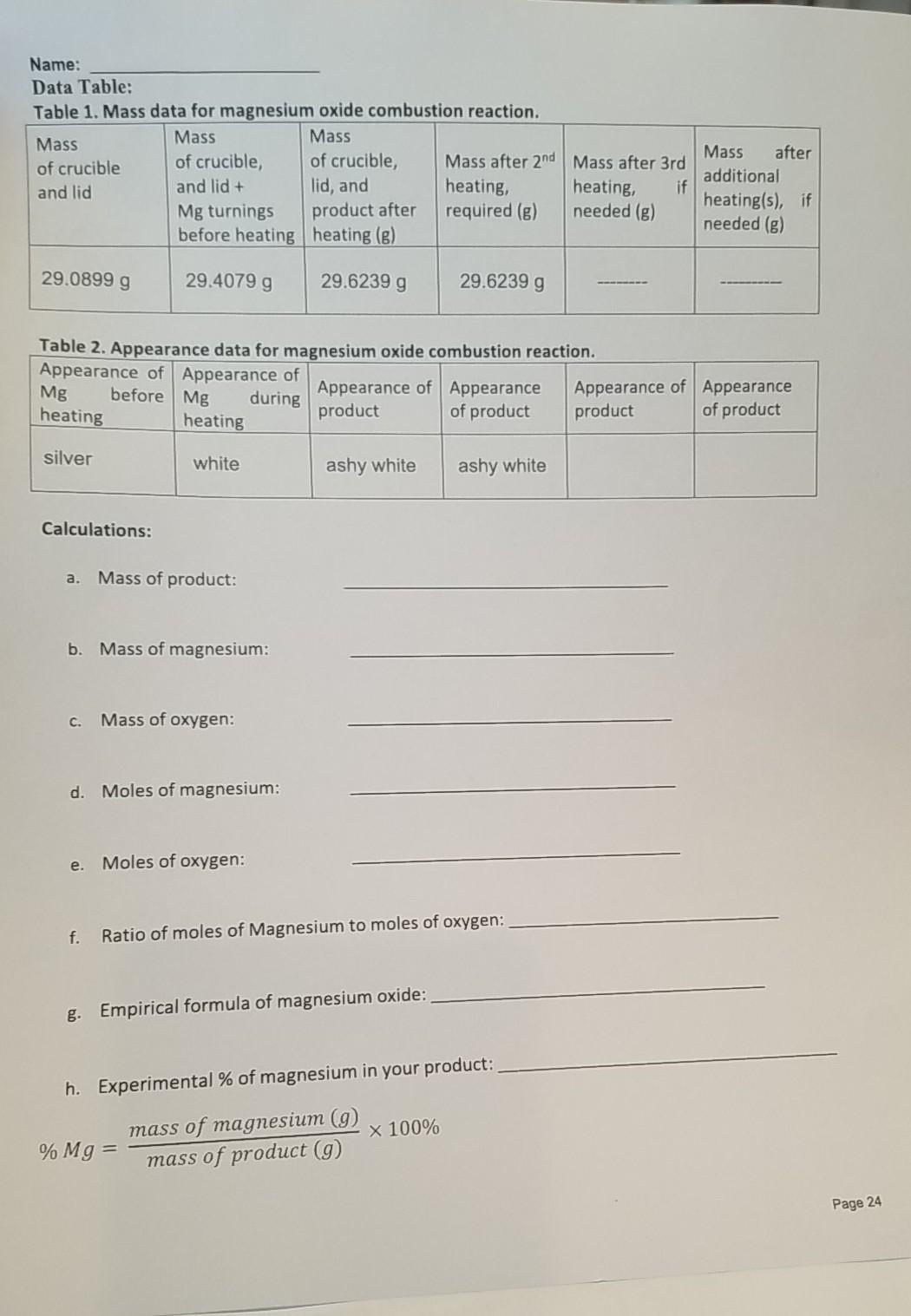 Solved Name: Data Table: Table 1. Mass data for magnesium | Chegg.com
