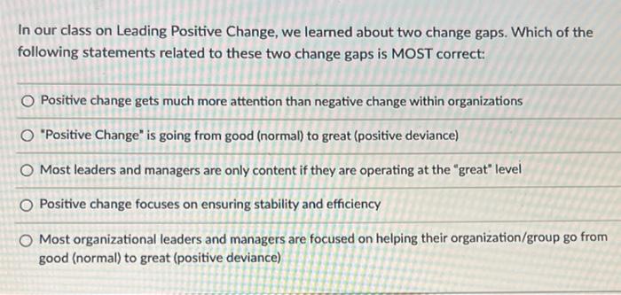 Solved In our class on Leading Positive Change, we learned | Chegg.com