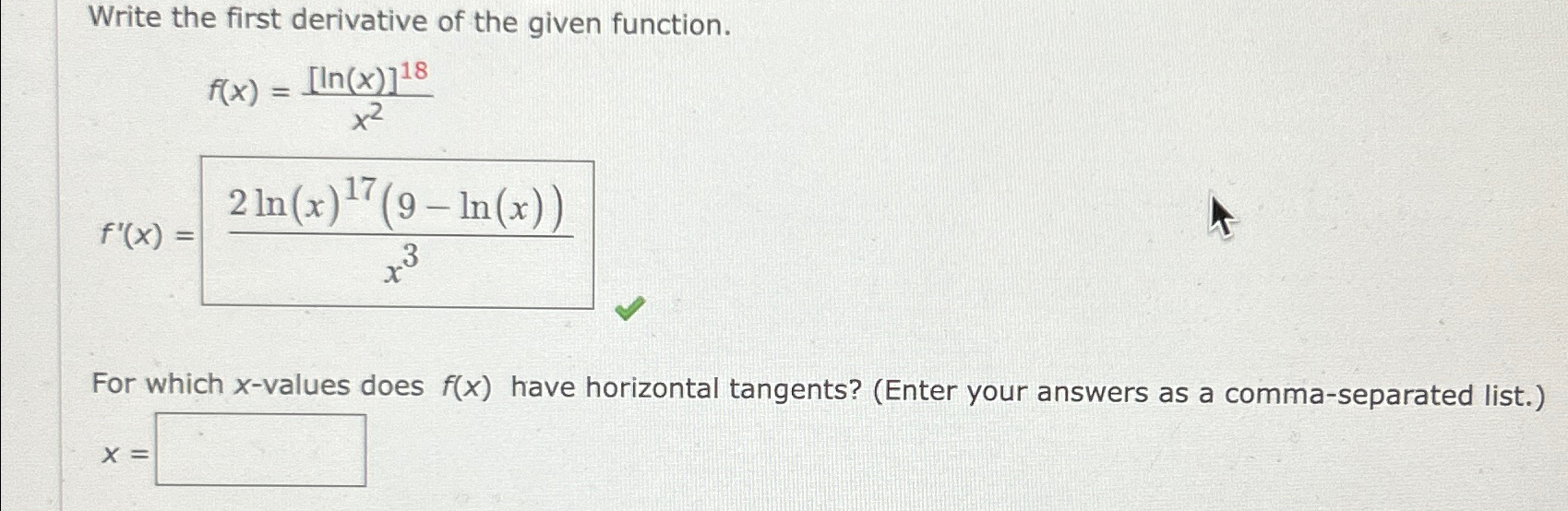 Solved f(x)=[ln(x)]18x2For which x-values does f(x) ﻿have | Chegg.com