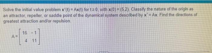Solved Solve the initial value problem x′(t)=Ax(t) for t20, | Chegg.com