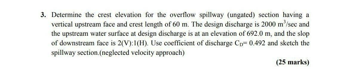 Solved 3. Determine the crest elevation for the overflow | Chegg.com