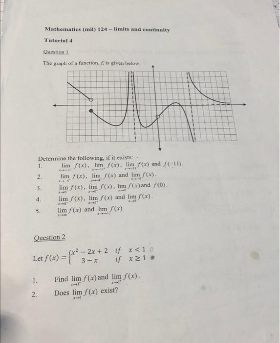 Solved Mathematics (mil) 124 - limits and continuity | Chegg.com