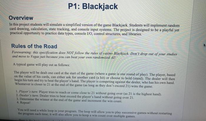 Solved P1: Blackjack Overview In this project students will | Chegg.com