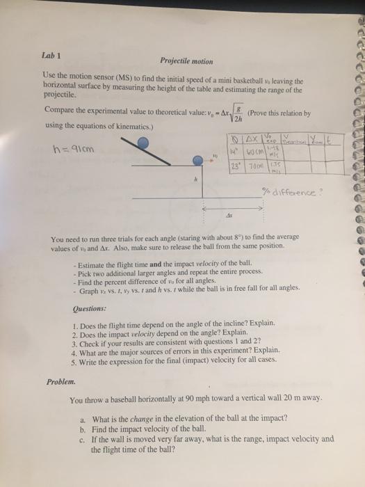 Solved projectile motionlab 1 i need help on the questions | Chegg.com