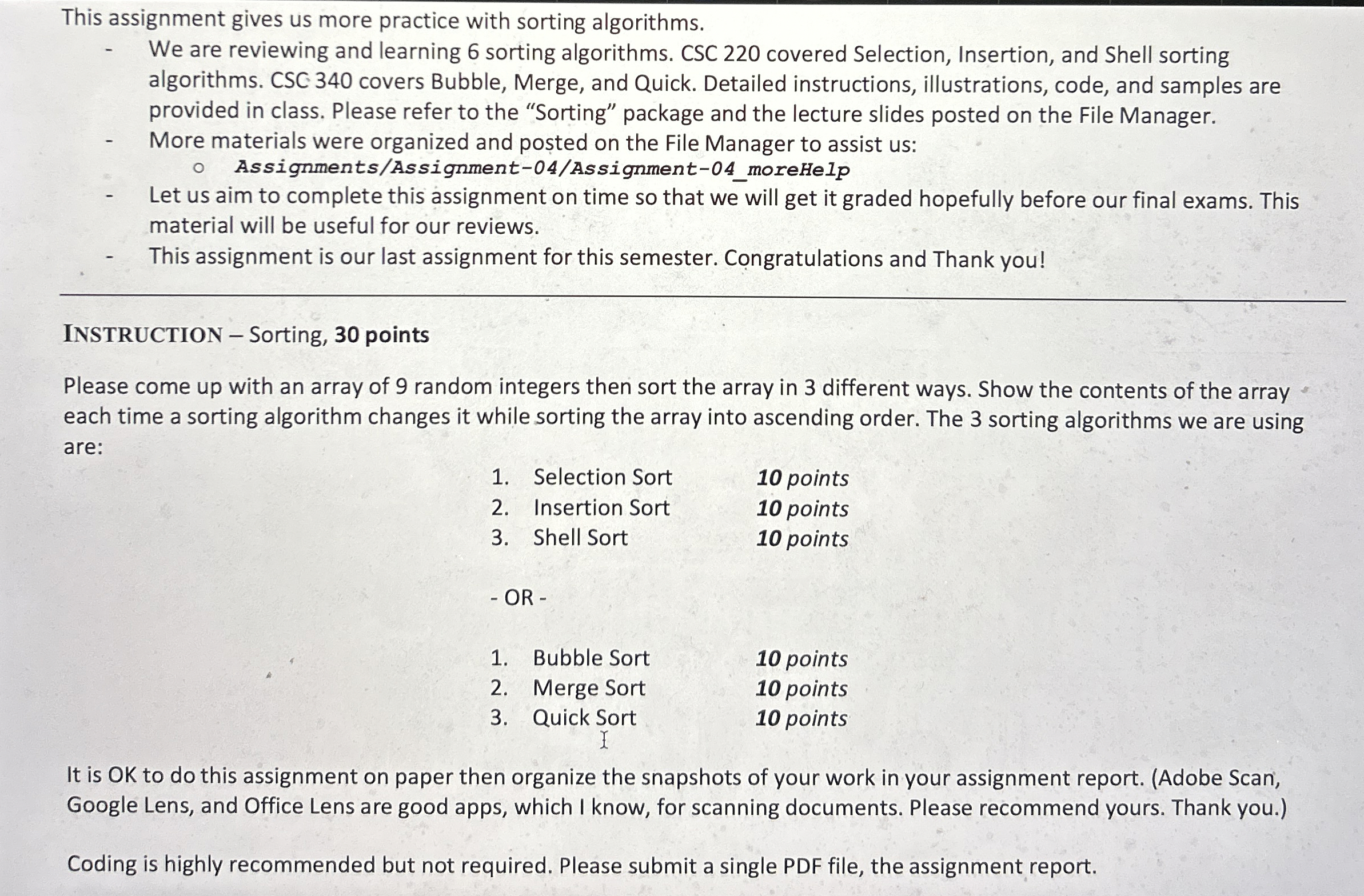 Solved This assignment gives us more practice with sorting | Chegg.com