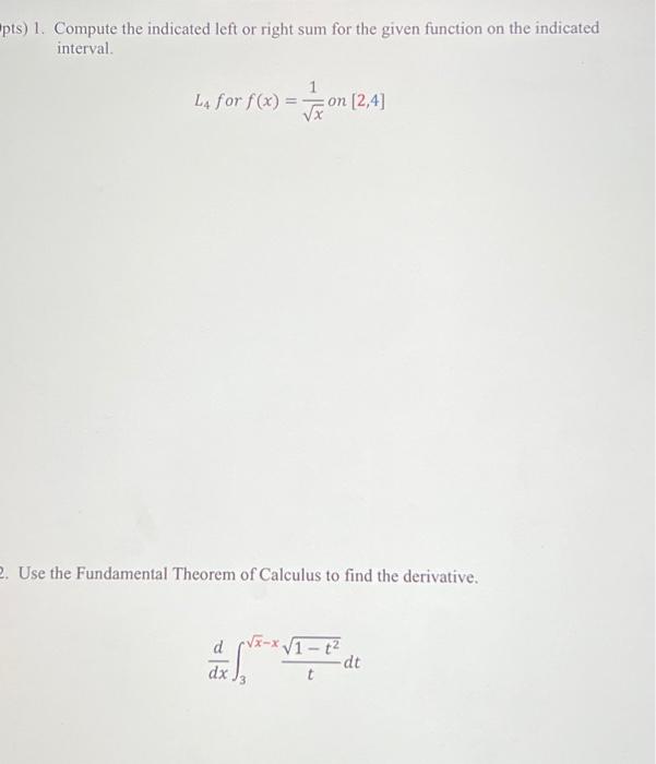 Solved Pts 1 Compute The Indicated Left Or Right Sum For 