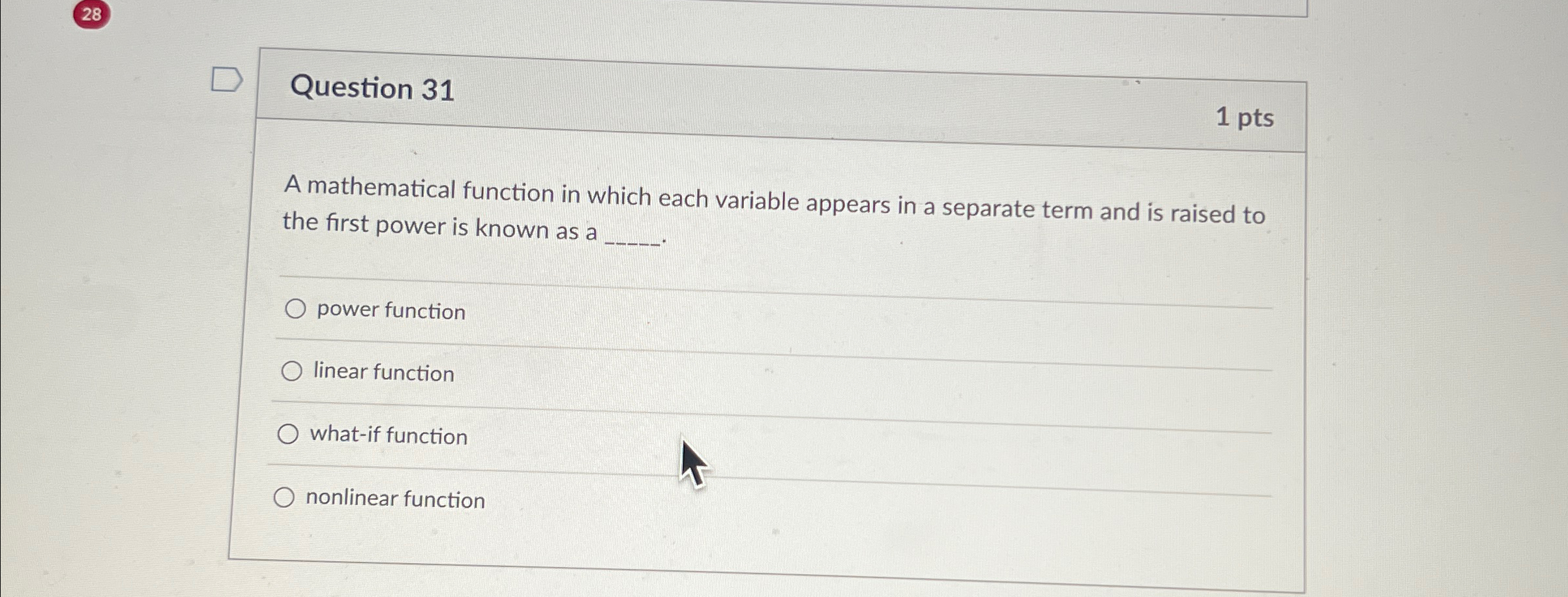 Solved 28Question 311 ﻿ptsA mathematical function in which | Chegg.com