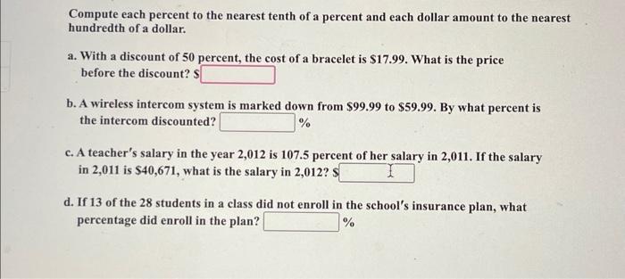 Solved Compute each percent to the nearest tenth of a | Chegg.com