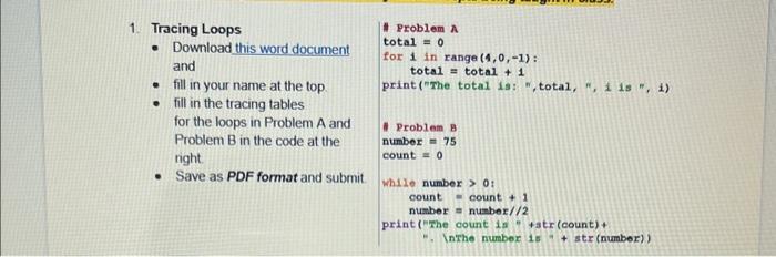 Solved 1. Tracing Loops Problem A total =0 - Download this | Chegg.com