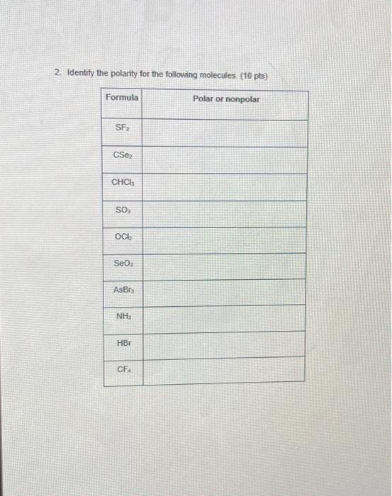 Solved 2. Identify the polarity for the following molecules. | Chegg.com