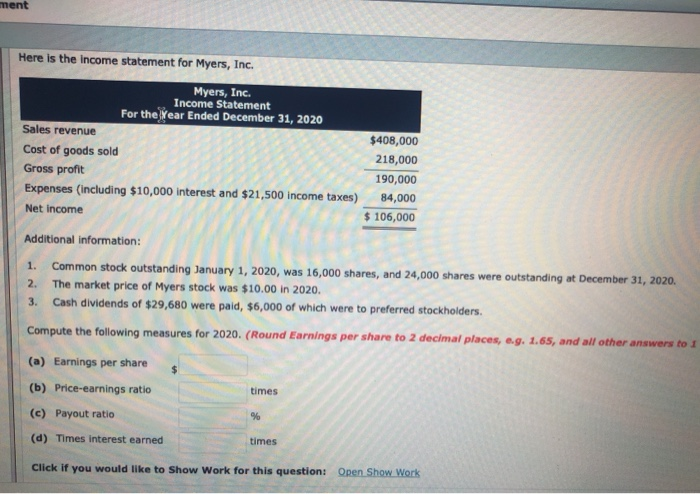 Solved ment Here is the income statement for Myers, Inc. | Chegg.com
