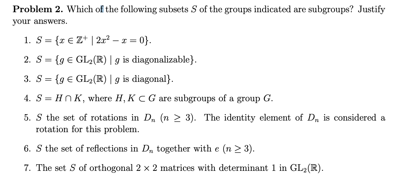 Solved Problem 2. ﻿Which of ﻿the following subsets S of ﻿the | Chegg.com