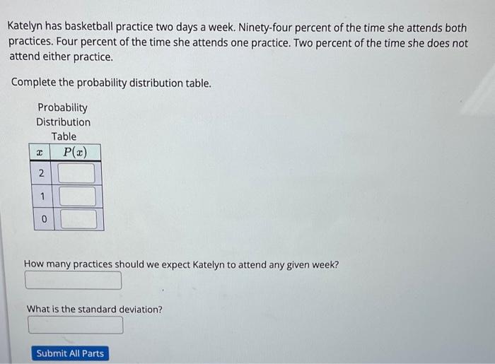 Solved Katelyn has basketball practice two days a week. | Chegg.com
