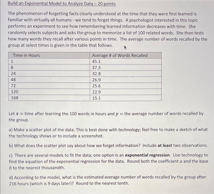 Solved Build an Exponential Model to Analyze Data - 20 | Chegg.com