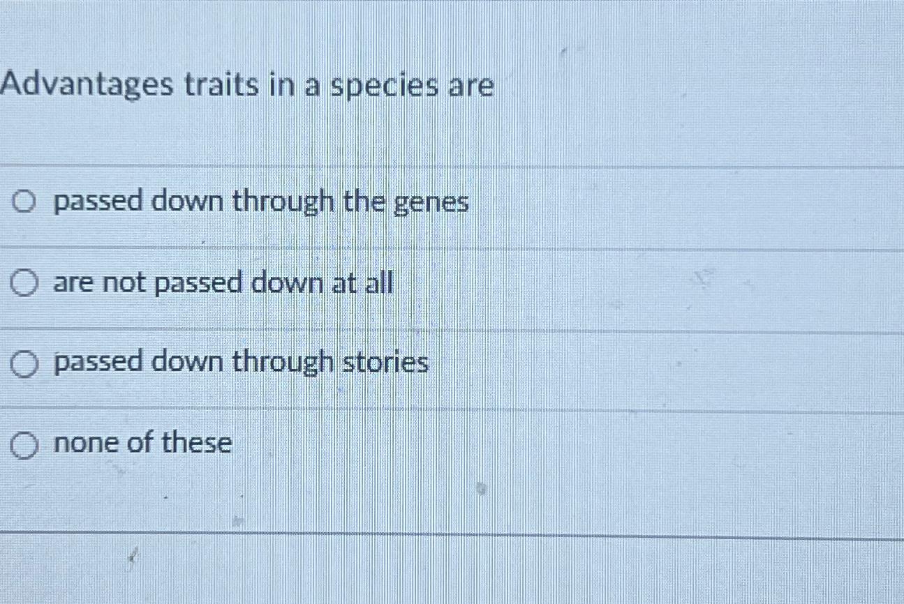 Solved Advantages traits in a species arepassed down through | Chegg.com