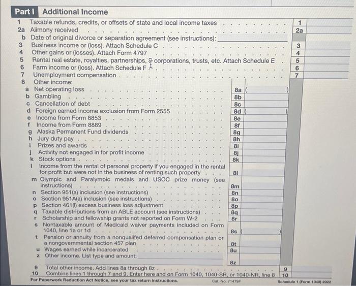 Part I Additional Income 1 Taxable refunds, credits, | Chegg.com