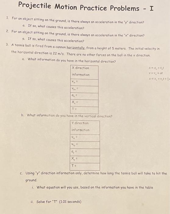 Solved Projectile Motion Practice Problems I 1. For an | Chegg.com
