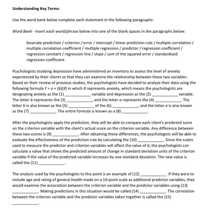 Solved Understanding Key Terms: Use the word bank below | Chegg.com