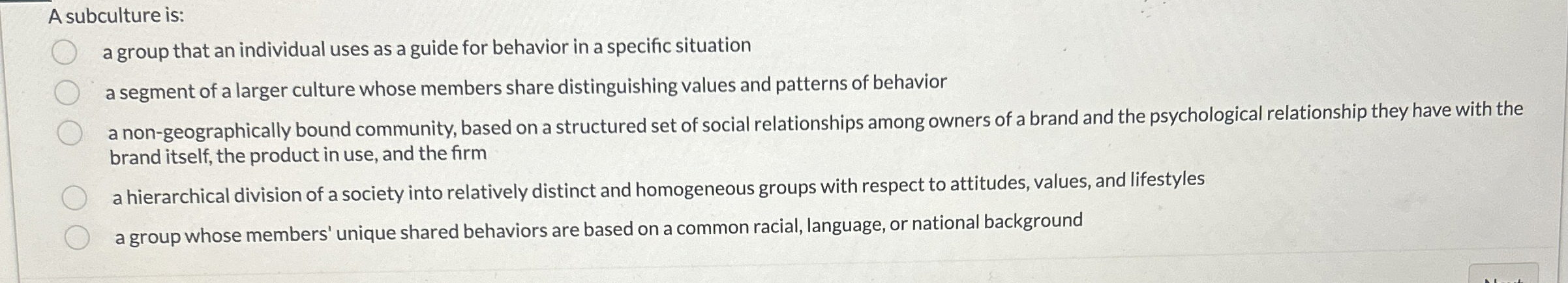 Solved A subculture is:a group that an individual uses as a | Chegg.com