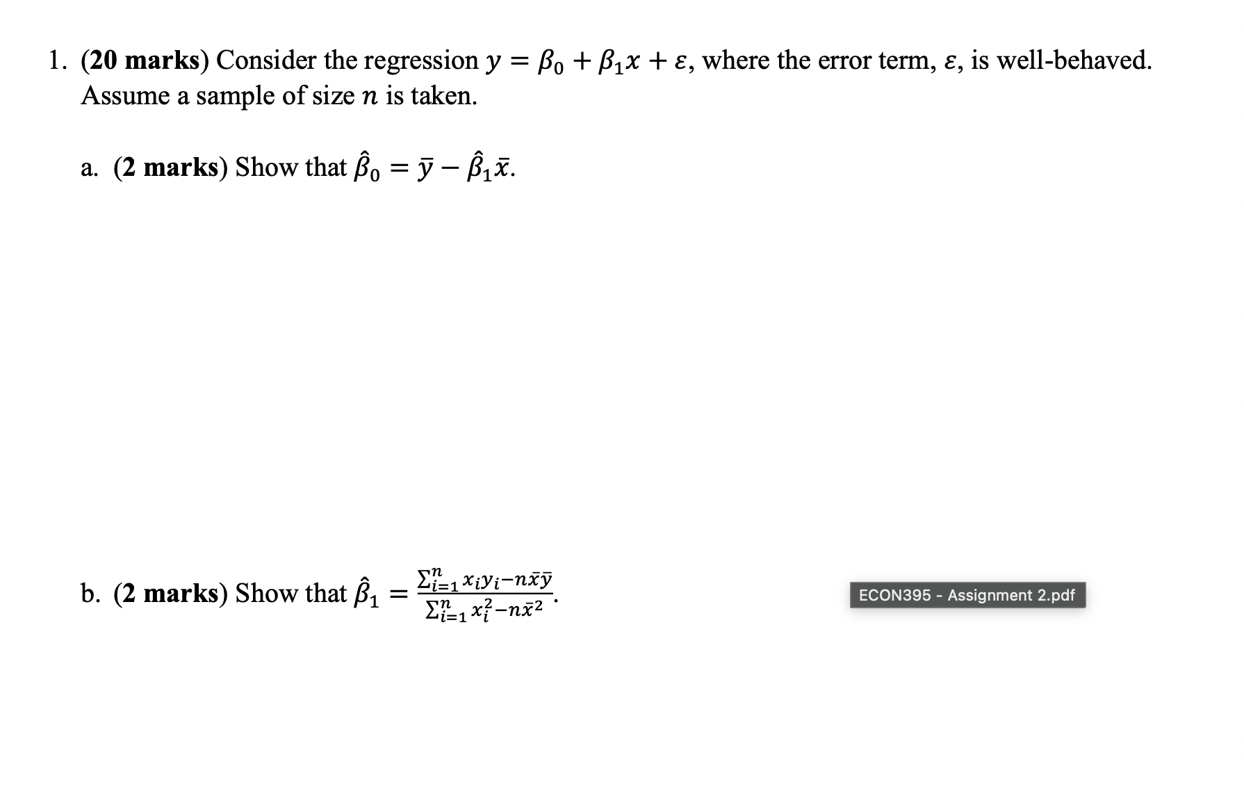Solved (20 ﻿marks) ﻿Consider the regression y=β0+β1x+ε, | Chegg.com