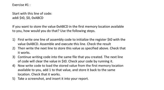 Solved Exercise #1: Start with this line of code: addi | Chegg.com