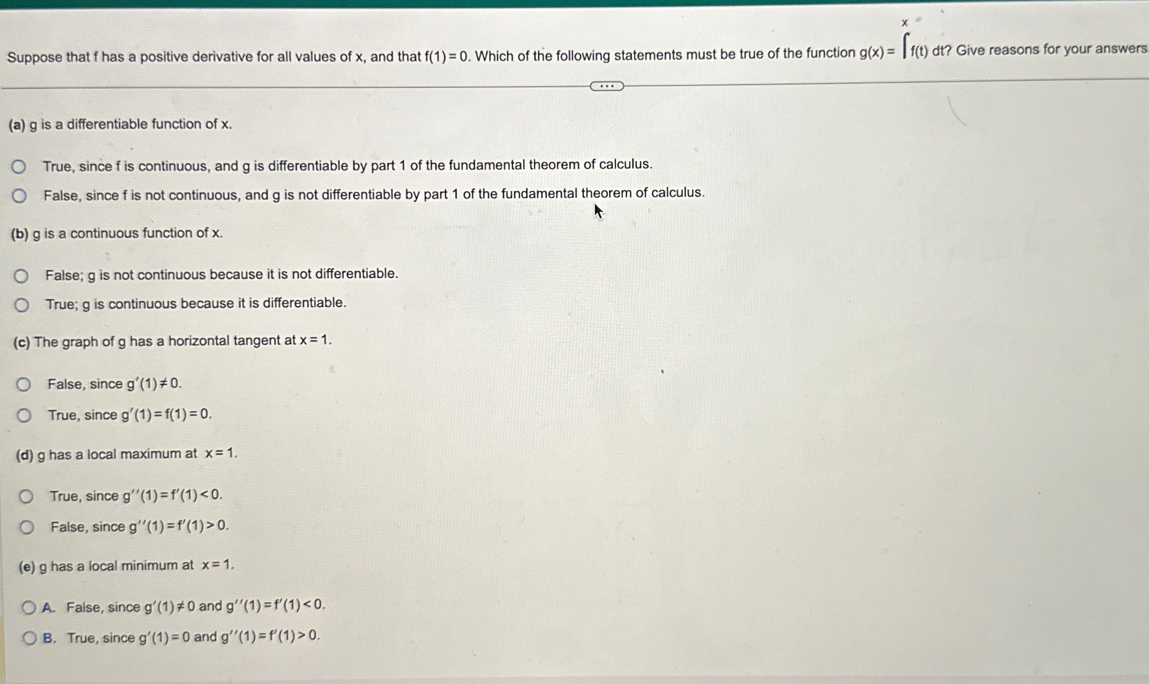 Solved (a) g ﻿is a differentiable function of x.True, since | Chegg.com