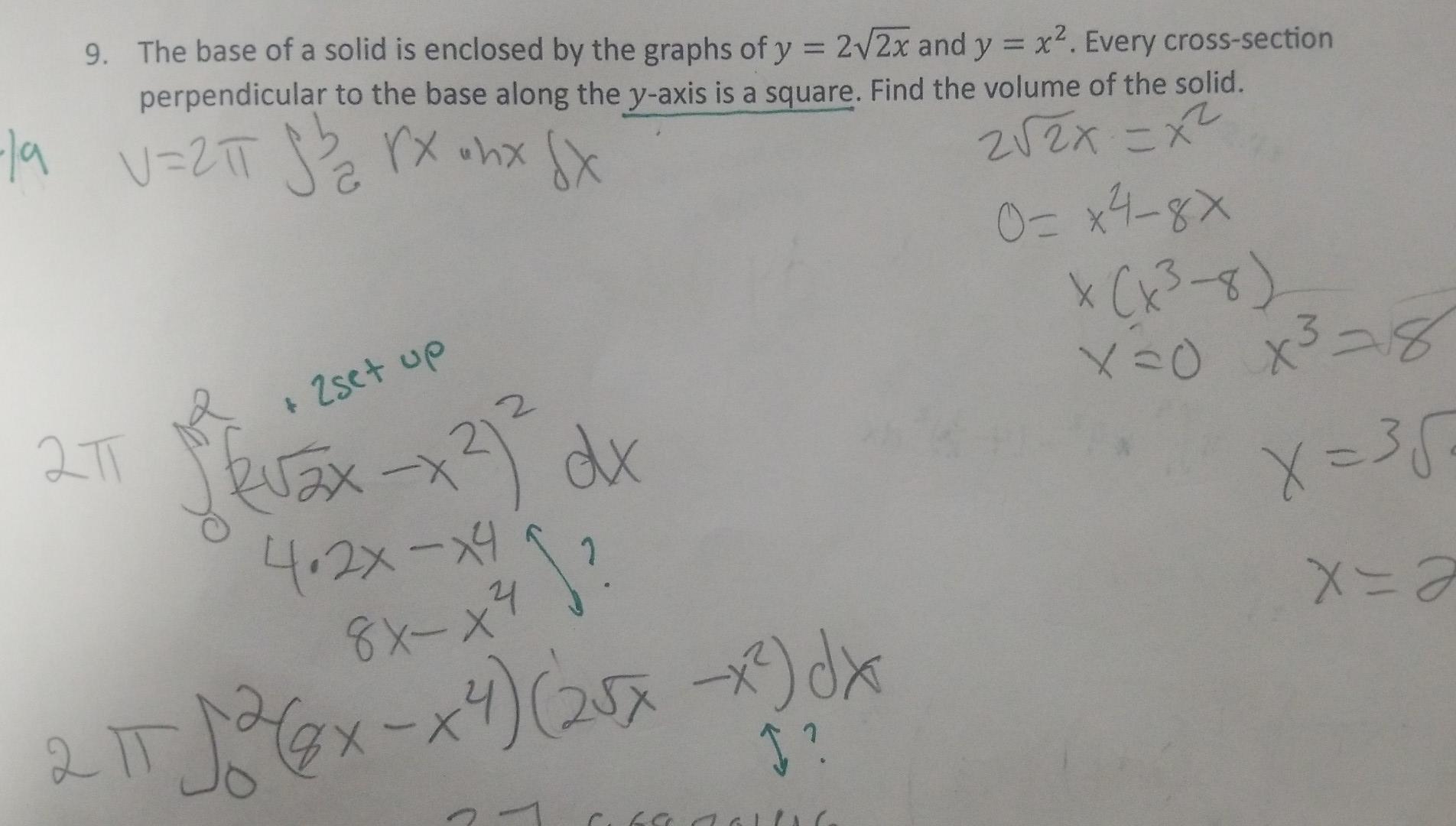 Solved 9. The base of a solid is enclosed by the graphs of | Chegg.com