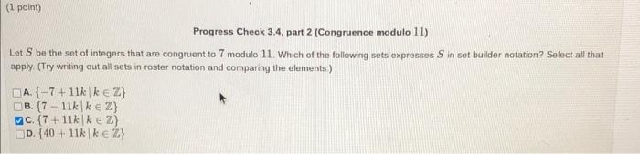 Solved Progress Cheok 3.4, part 2 (Congruence modulo 11) Let | Chegg.com