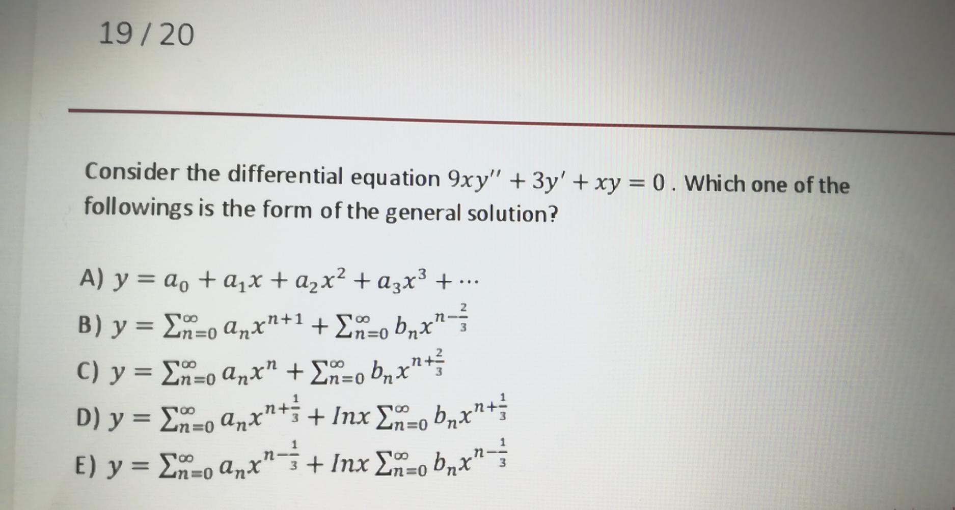 Solved 19/20 Consider the differential equation 9xy'' + 3y' | Chegg.com