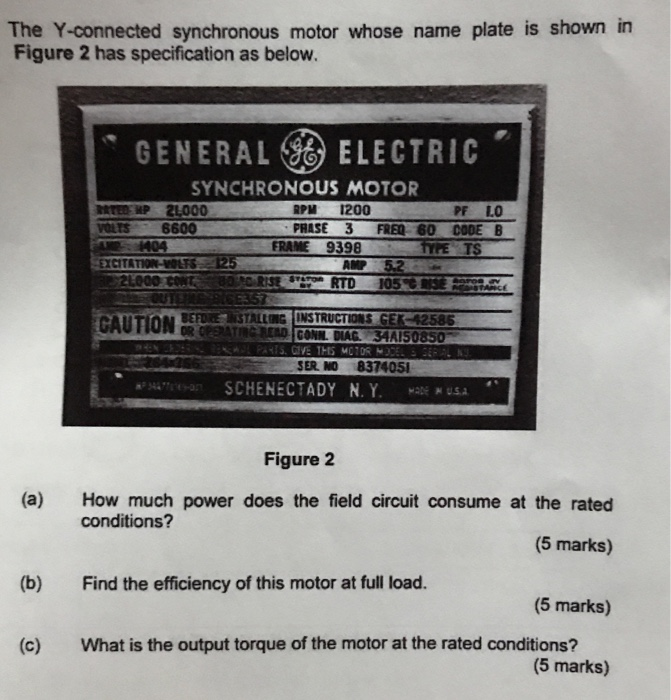 Solved The Y-connected synchronous motor whose name plate is | Chegg.com
