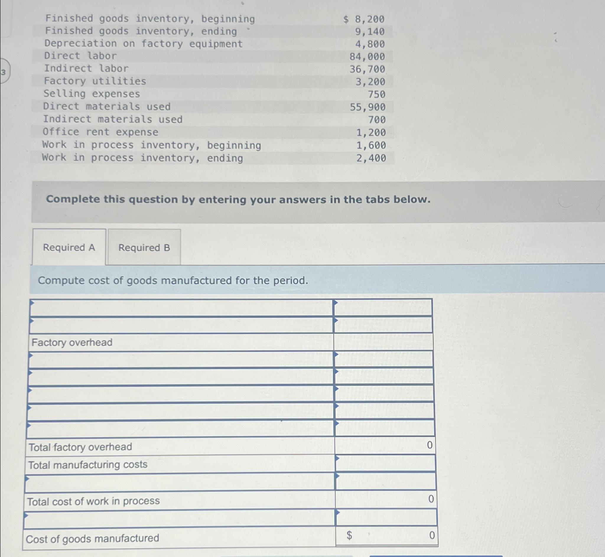 Solved \table[[Finished goods inventory, beginning,$8,200 | Chegg.com