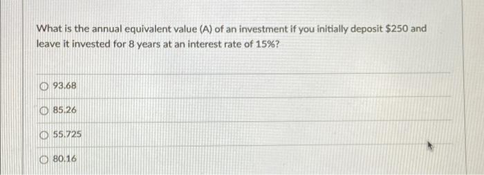 Solved What is the annual equivalent value (A) of an | Chegg.com