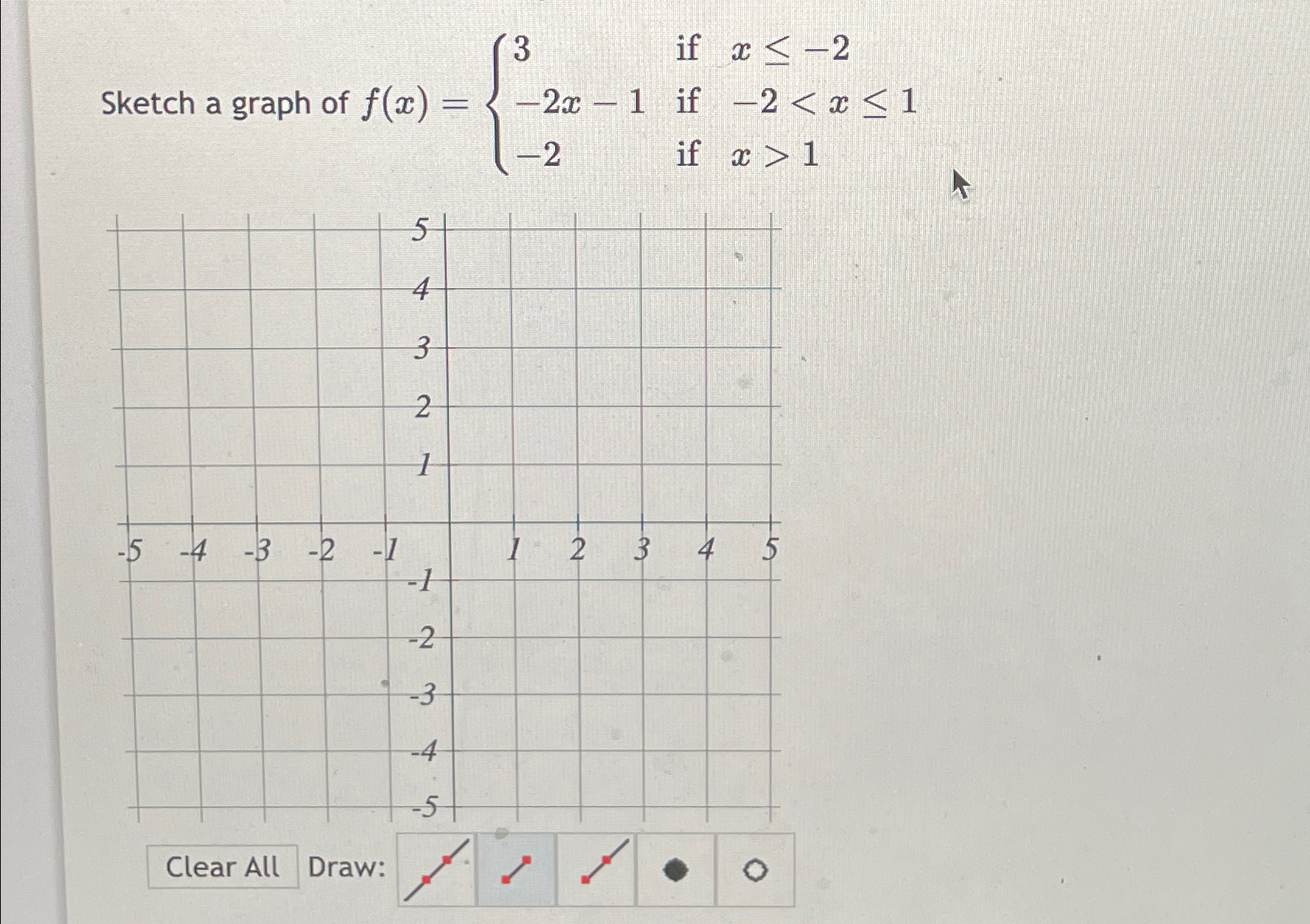 Solved Sketch a graph of f(x)={3 if x≤-2-2x-1 if -21Draw: | Chegg.com
