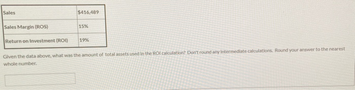 Solved Sales $416 489 Sales Margin (ROS) 15% Return on | Chegg.com