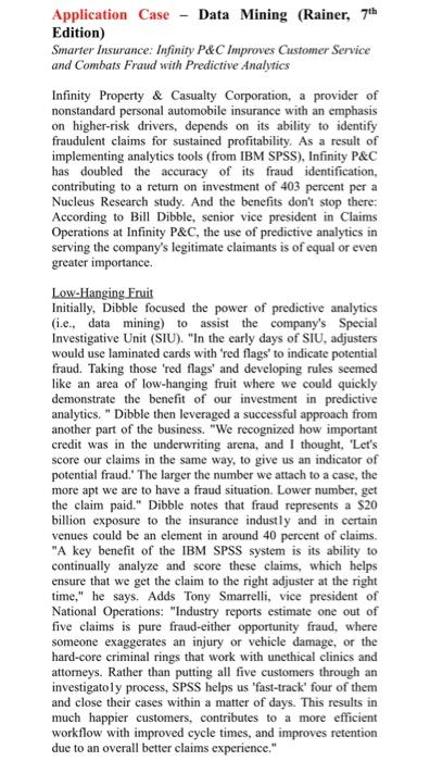 Solved Application Case − Data Mining (Rainer, 7th Edition) | Chegg.com