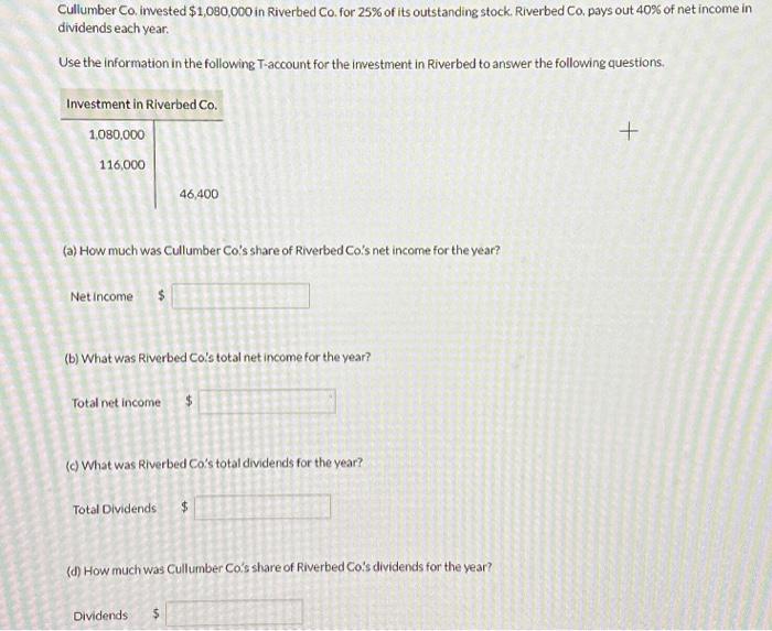 Solved Cullumber Co, invested $1,080,000 in Riverbed Co. for | Chegg.com